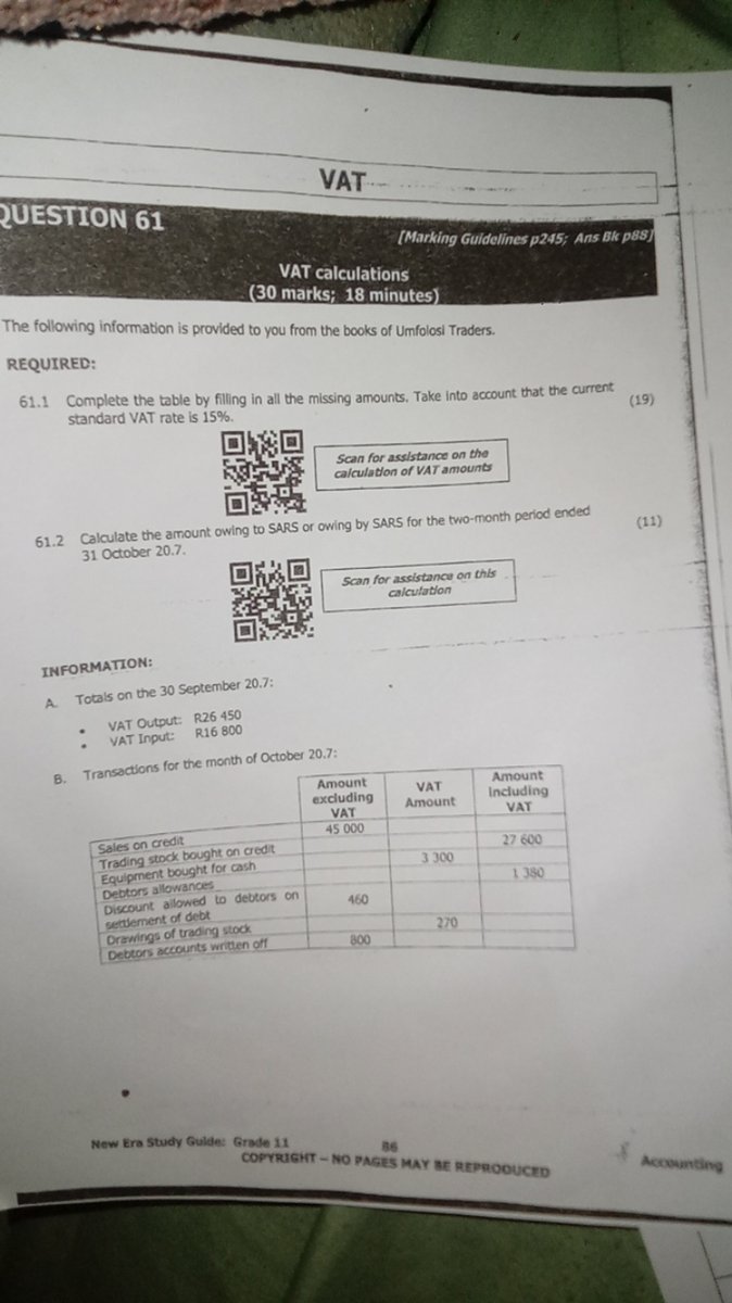 QUESTION 61 VAT calculations (30 marks; 18 minutes) The following infor..