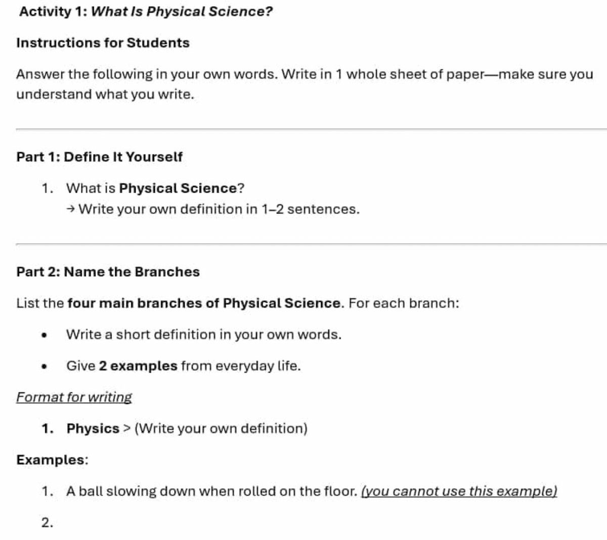 Activity 1: What Is Physical Science? Instructions for Students Answer t..