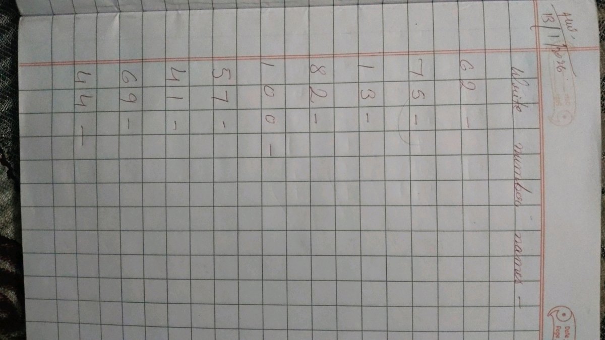 Write the number names for the following numbers: 62 75 13 82 100 57 41