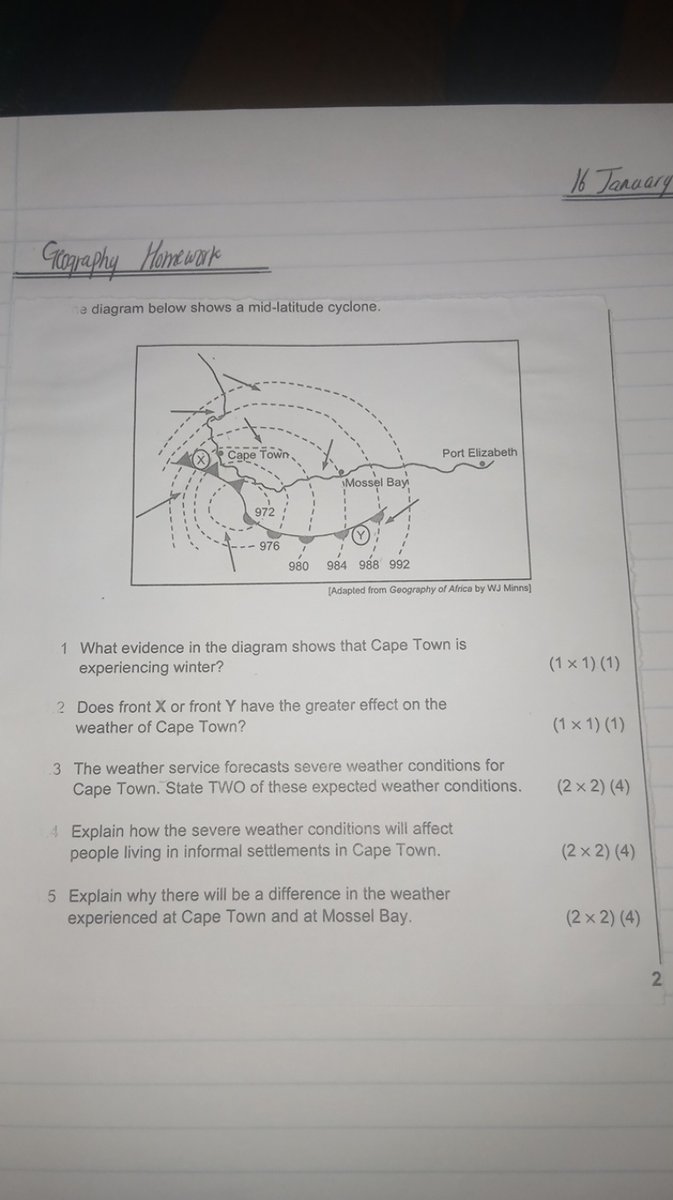 The diagram below shows a mid-latitude cyclone. [Diagram of a mid-latitu..
