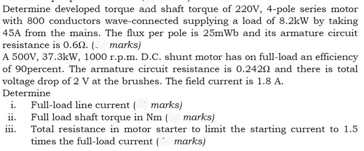 Determine developed torque and shaft torque of 220V, 4-pole series motor