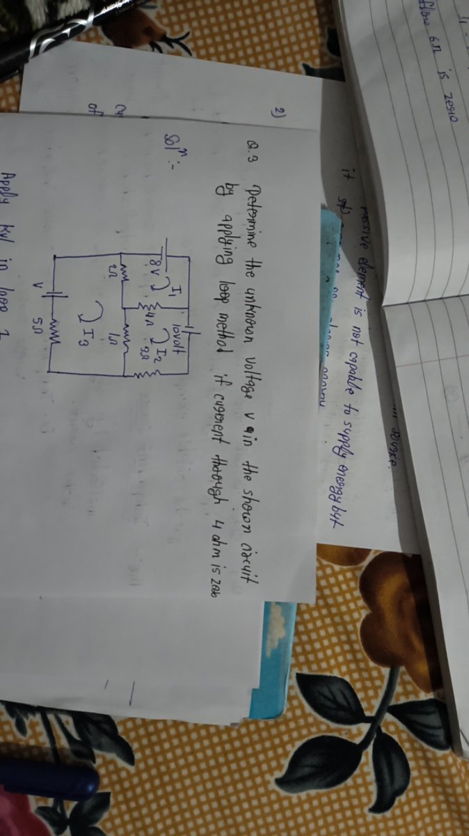 Determine the unknown voltage V in the shown circuit by applying loop met..