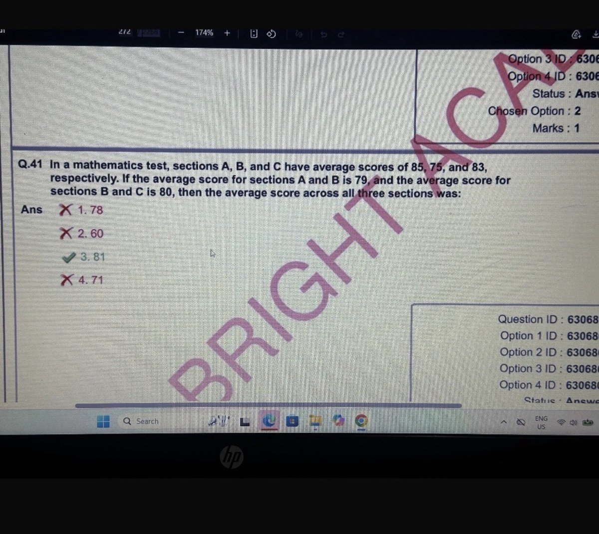 Q.41 In a mathematics test, sections A, B, and C have average scores of 8..