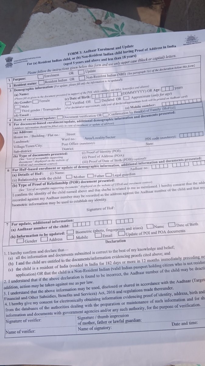FORM 3: Aadhaar Enrolment and Update For (a) Resident Indian child, or (b..