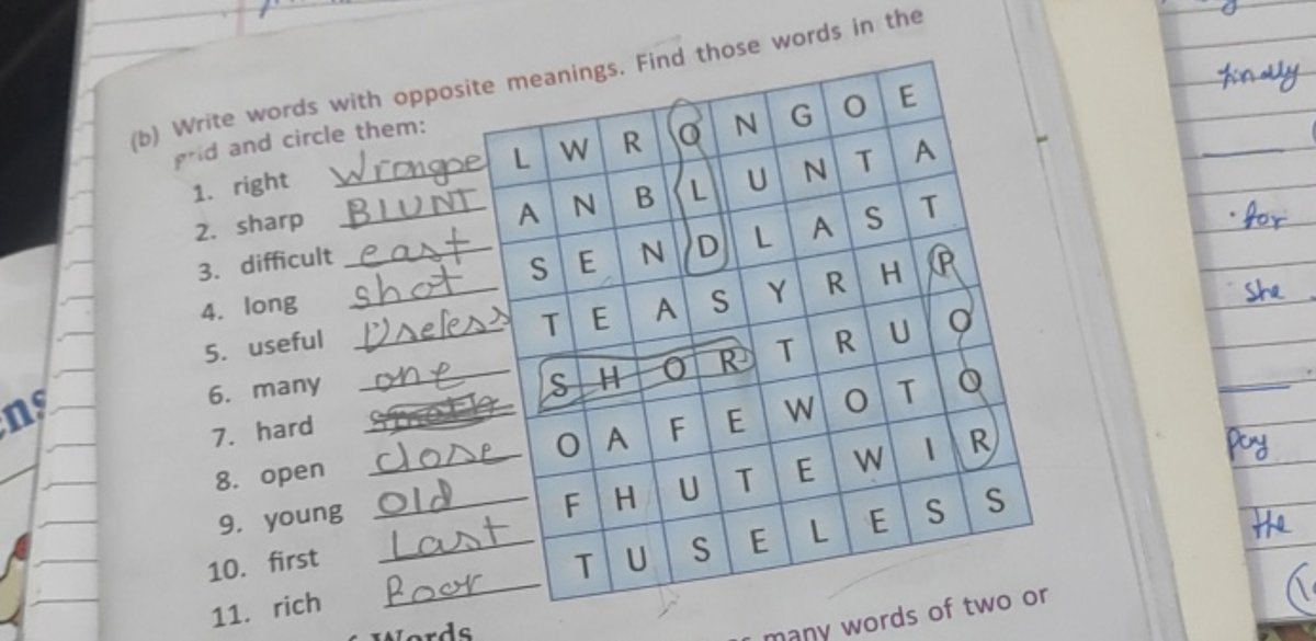 (b) Write words with opposite meanings. Find those words in the grid and