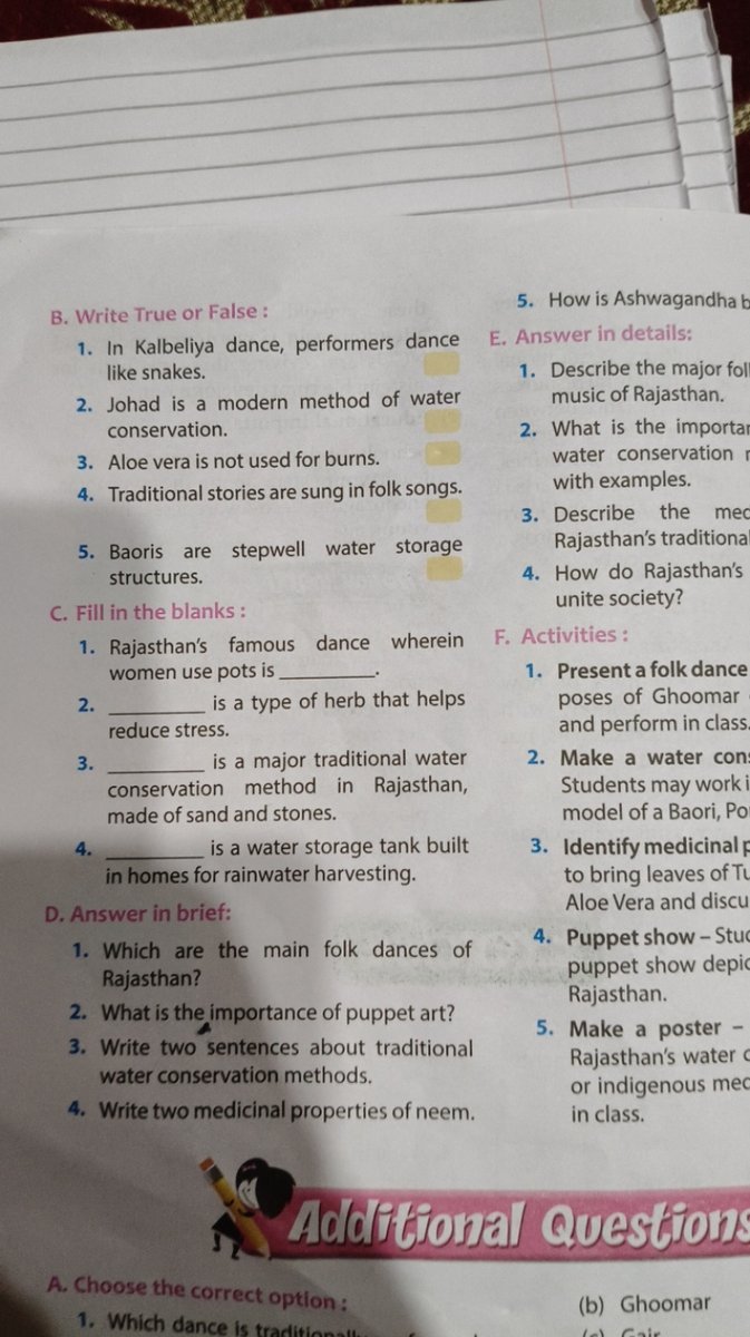 B. Write True or False: In Kalbeliya dance, performers dance like snakes...