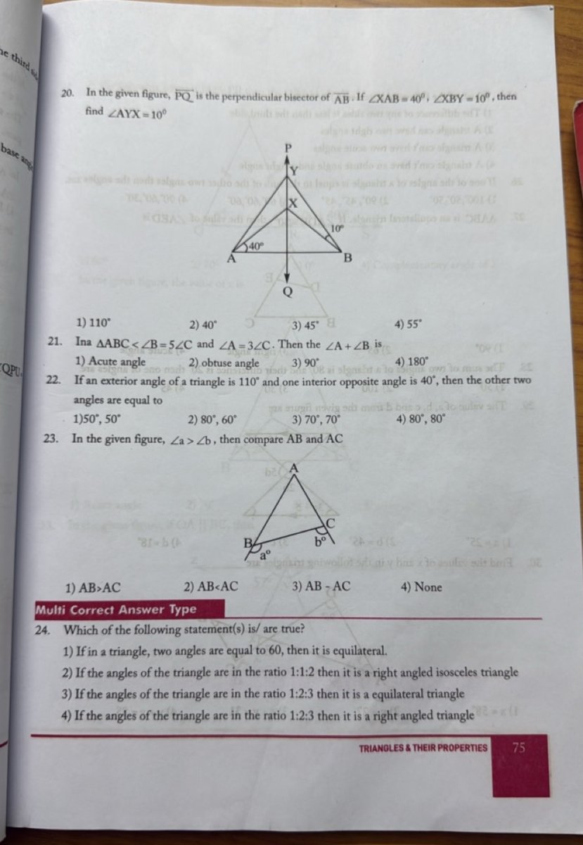 In the given figure, PQ is the perpendicular bisector of AB. If ∠XAB = 40..