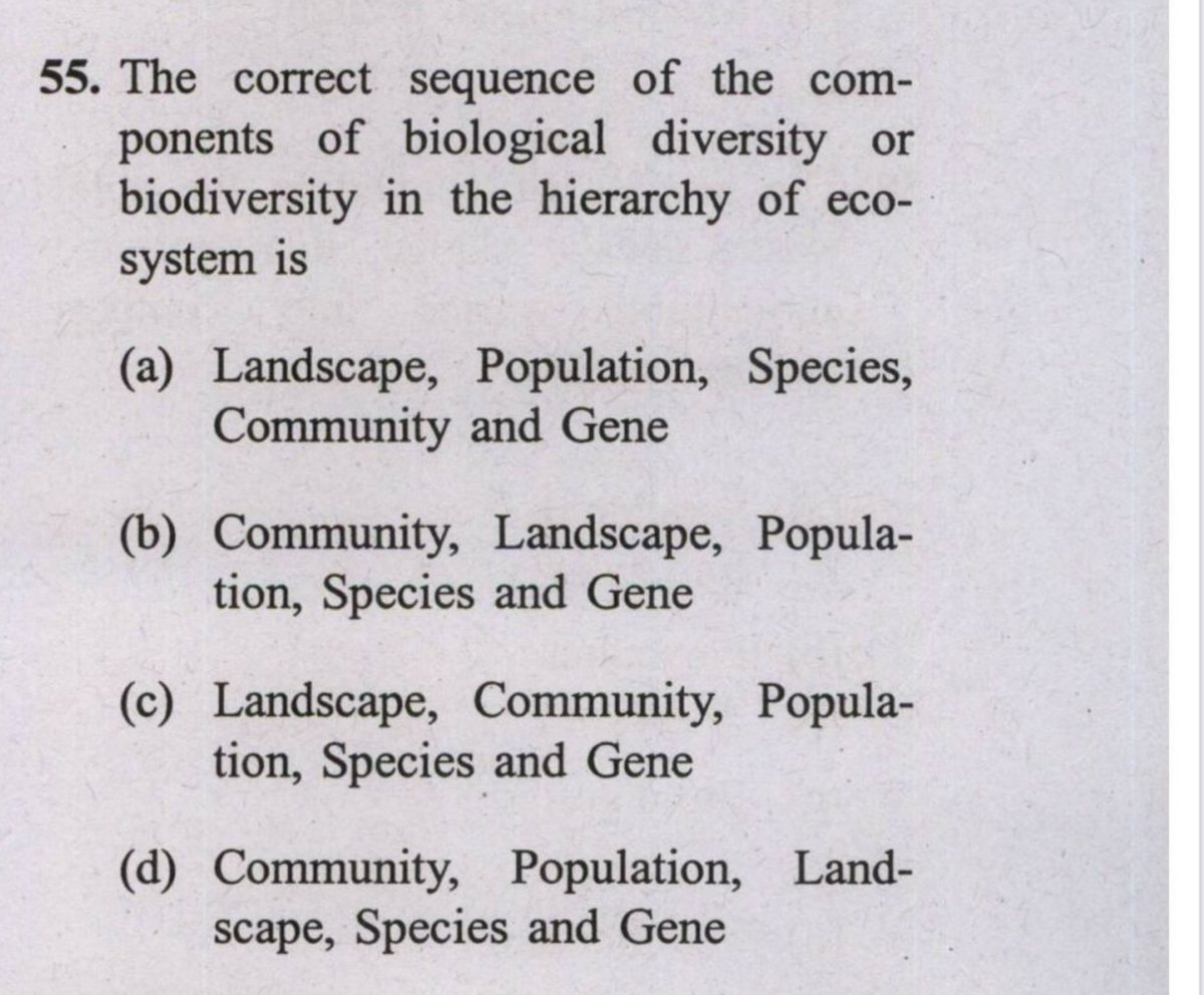 The correct sequence of the components of biological diversity or biodive..