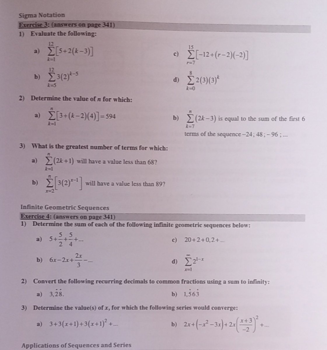 Sigma Notation Exercise 3: 1) Evaluate the following: a) \sum_{k=1}^..