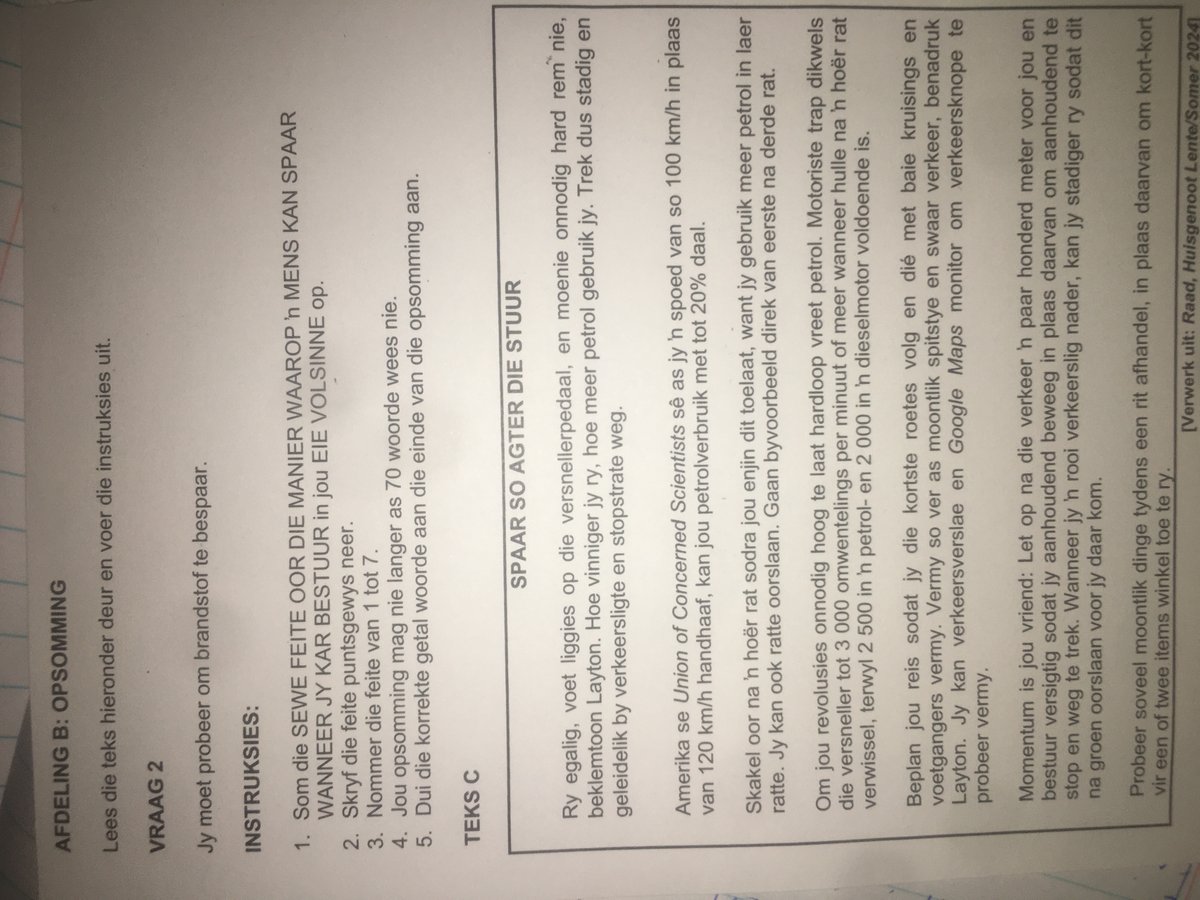 AFDELING B: OPSOMMING Lees die teks hieronder deur en voer die instruksie..