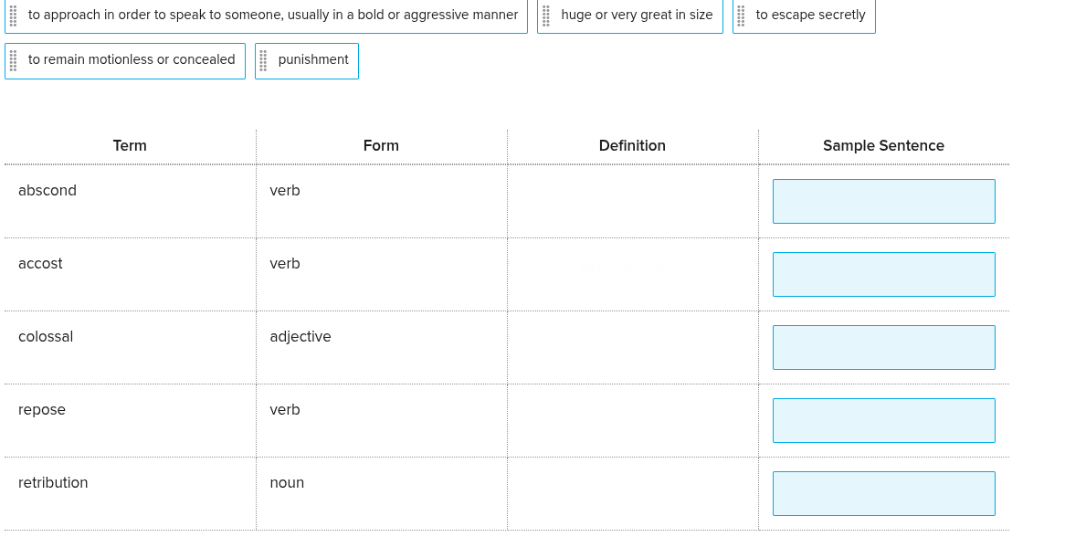 Match the terms with their definitions and provide a sample sentence for
