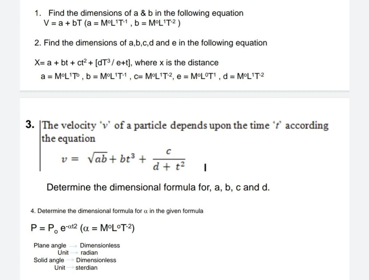 Find the dimensions of a & b in the following equation: V = a + bT (gi..