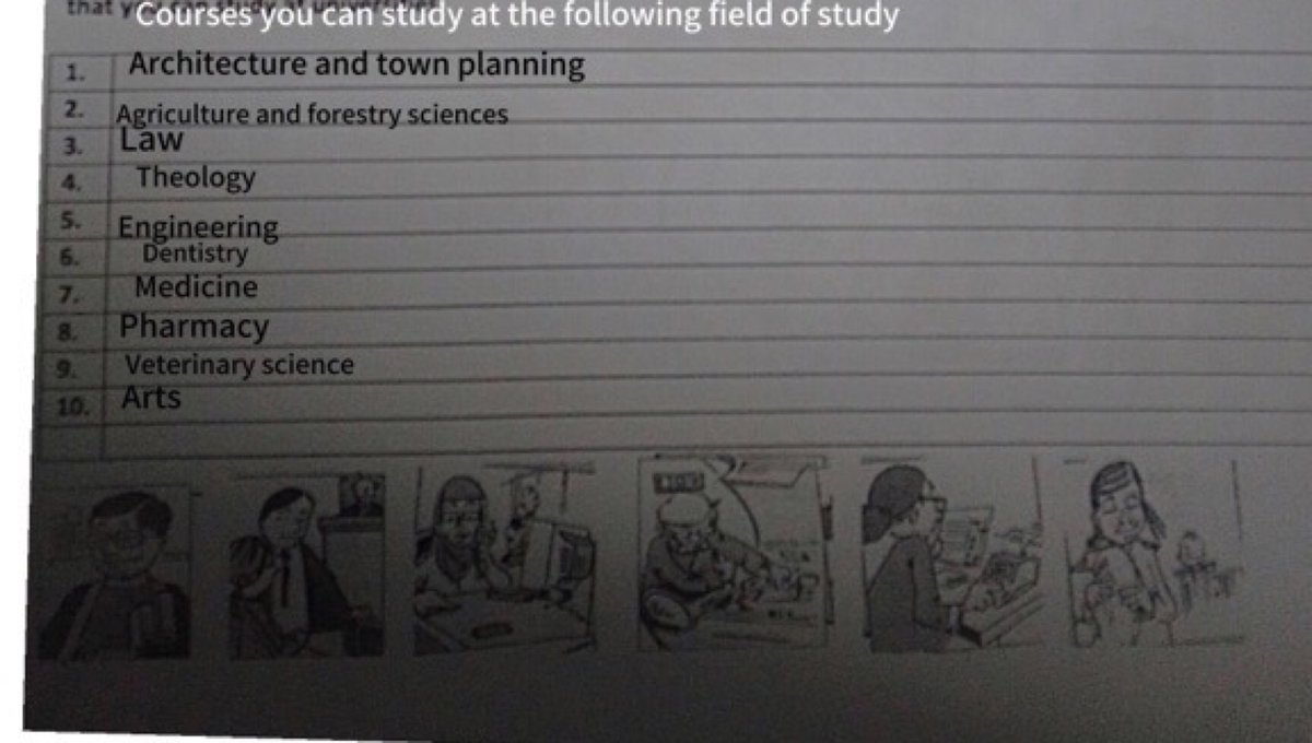 The image displays a list of fields of study and several illustrations de..