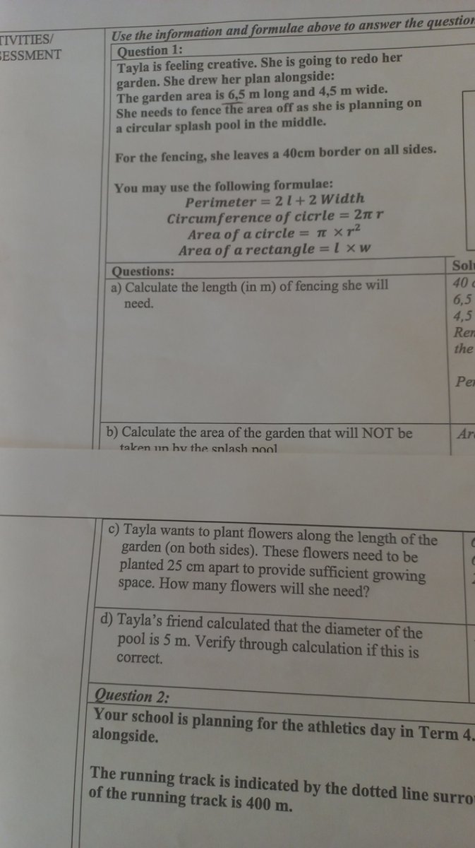 Use the information and formulae above to answer the questions. Question..
