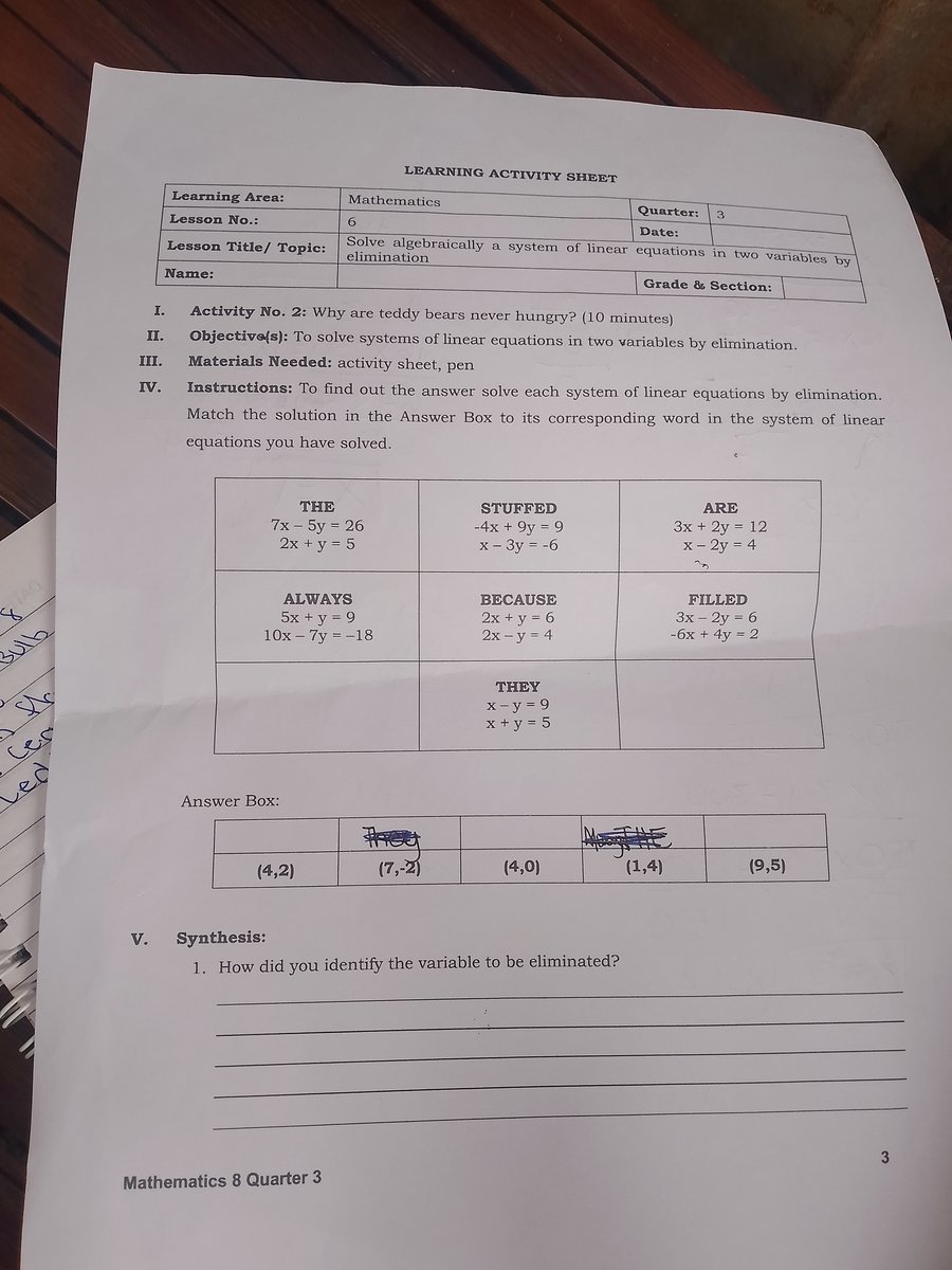 Here is a learning activity sheet on solving systems of linear equations
