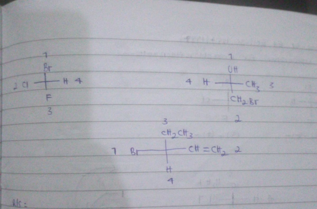 The image shows three chemical structures, likely Fischer projections, wi..
