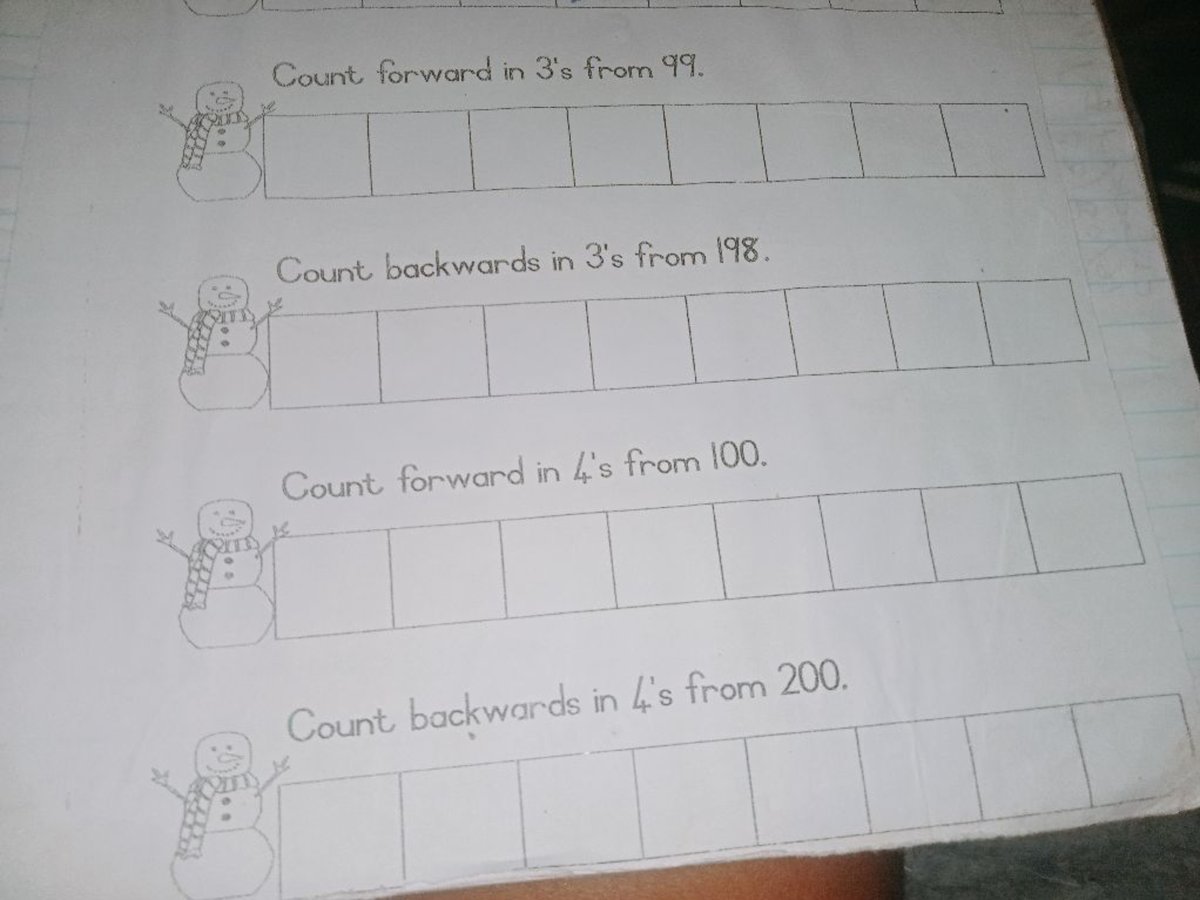 Count forward in 3's from 99. Count backwards in 3's from 198. Count fo..