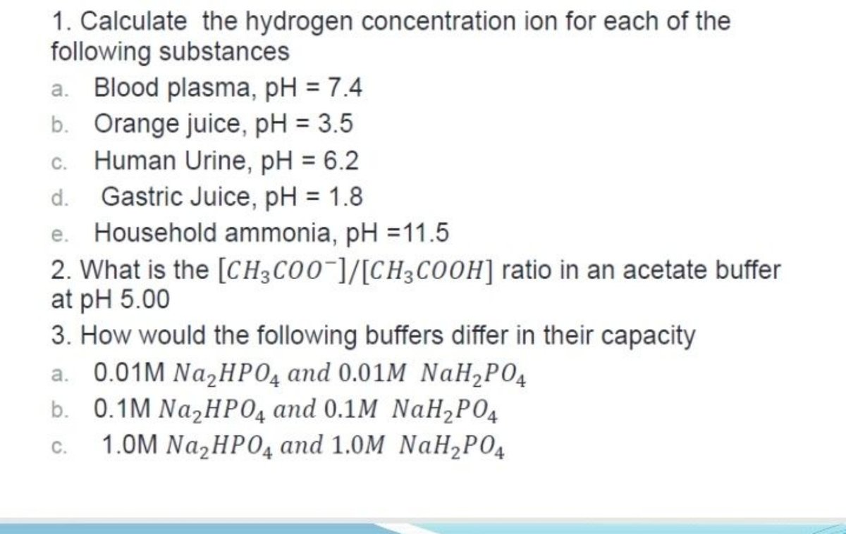 Calculate the hydrogen concentration ion for each of the following substa..