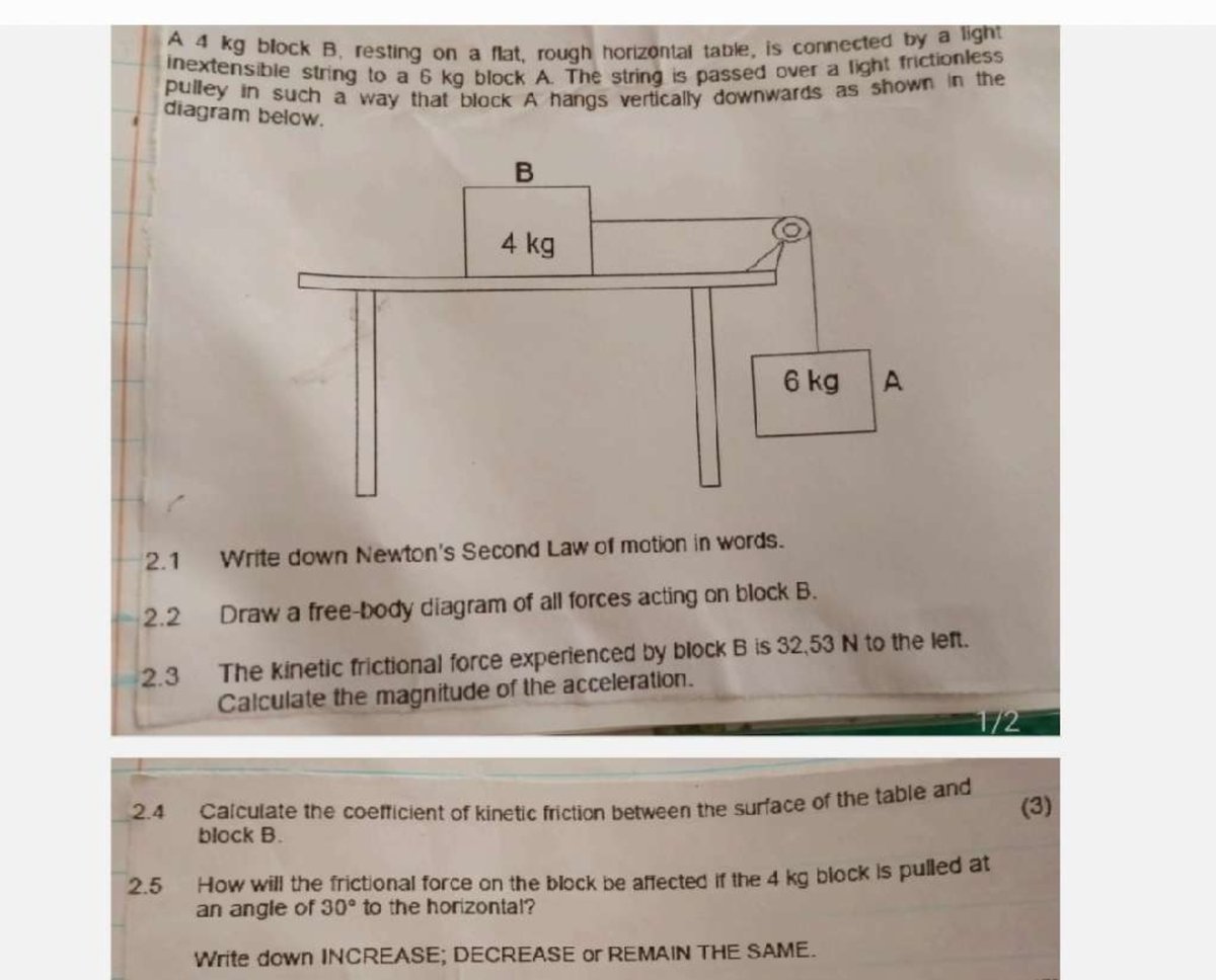 A 4 kg block B, resting on a flat, rough horizontal table, is connected b..