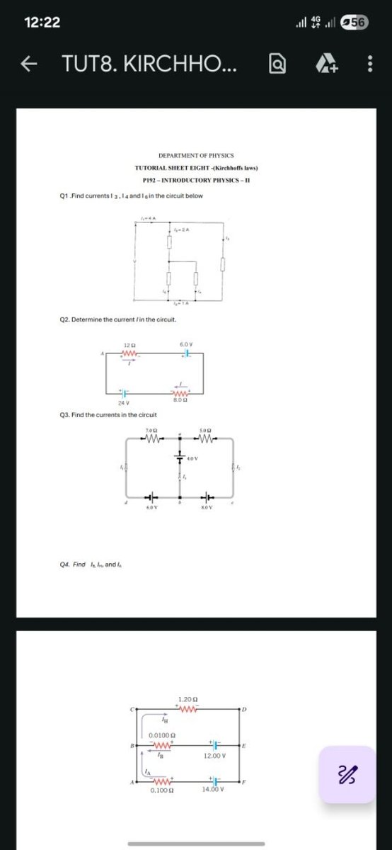 DEPARTMENT OF PHYSICS TUTORIAL SHEET EIGHT (Kirchhoffs laws) P192 - INTRO..