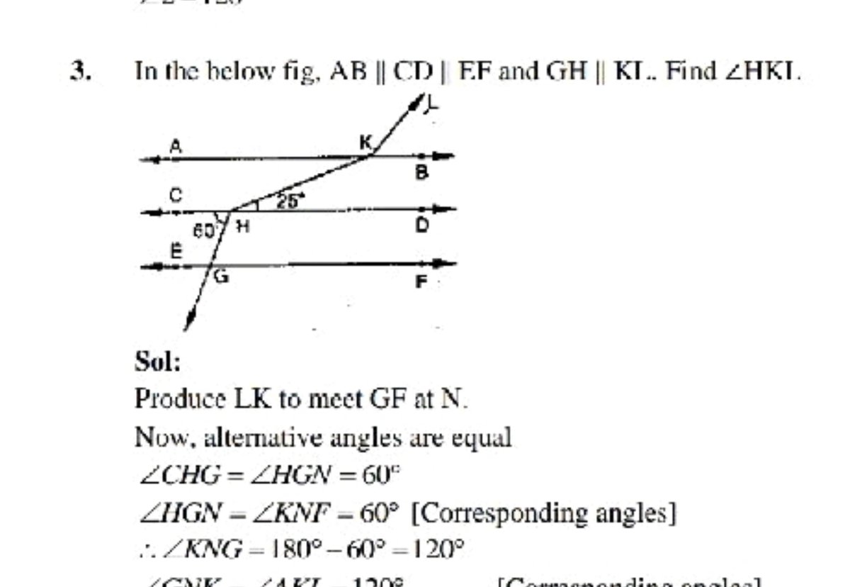 In the below figure, AB || CD || EF and GH || KI. Find ∠HKI. (The figure..