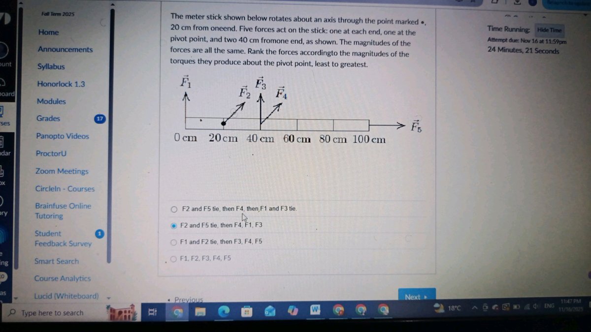 The meter stick shown below rotates about an axis through the point marke..