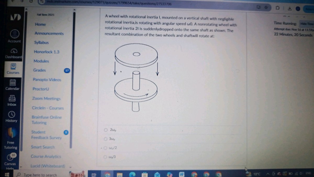 A wheel with rotational inertia I, mounted on a vertical shaft with negli..
