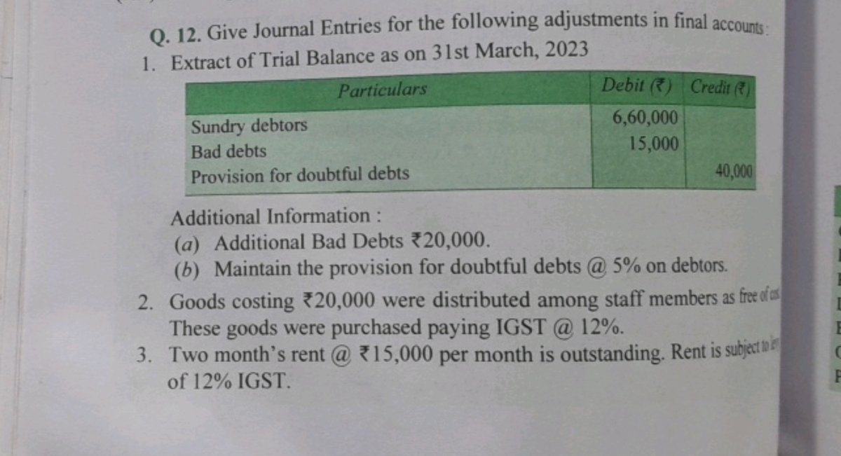 Q. 12. Give Journal Entries for the following adjustments in final accoun..