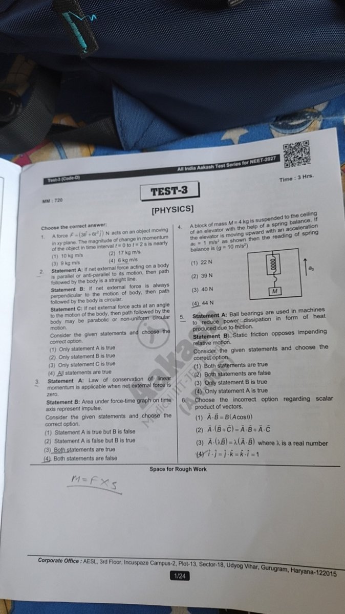 Choose the correct answer: A force \vec{F} = (3t^2\hat{i} + 6t^2\hat{j})..