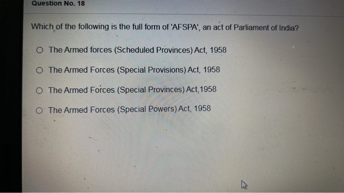 Which of the following is the full form of 'AFSPA', an act of Parliament