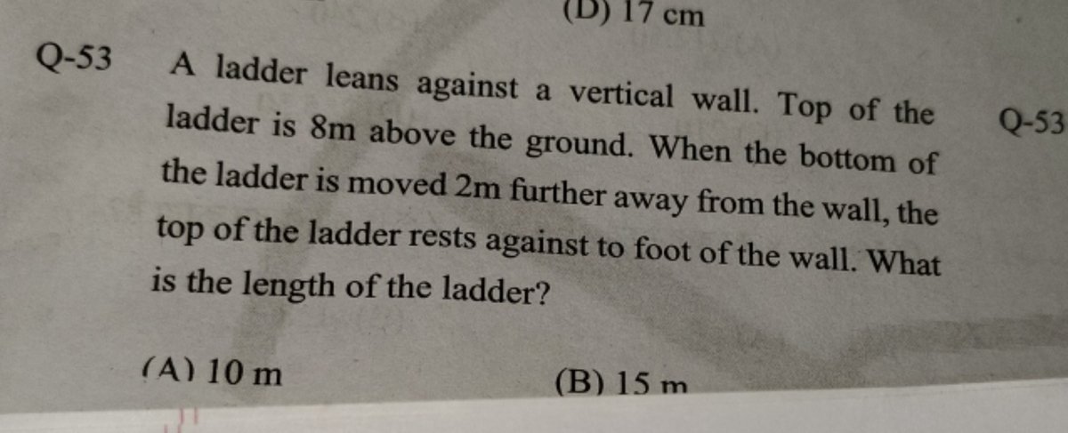 A ladder leans against a vertical wall. The top of the ladder is 8m above..