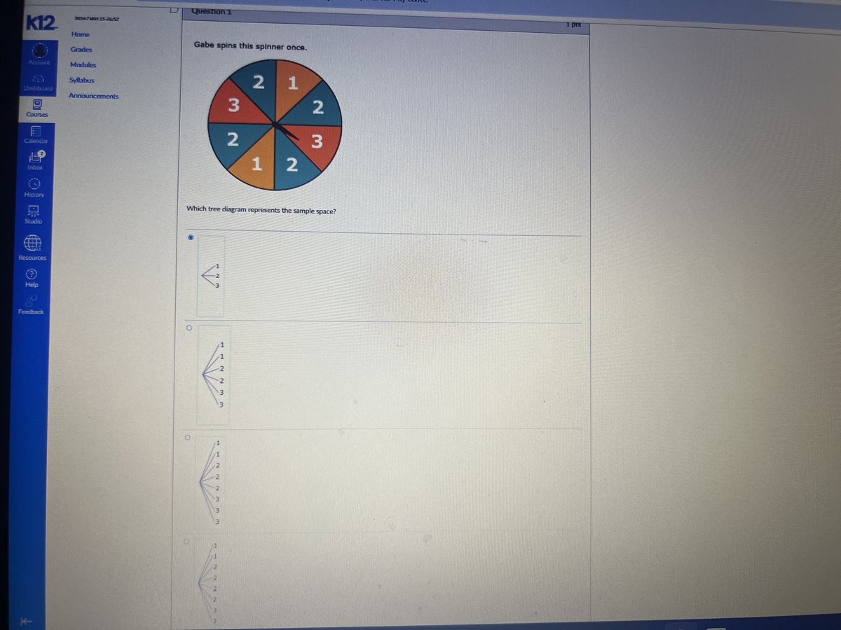 Gabe spins this spinner once. [Diagram of a spinner with 8 sections: two..