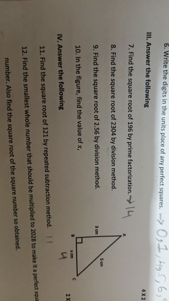 Write the digits in the units place of any perfect squares. III. Answer