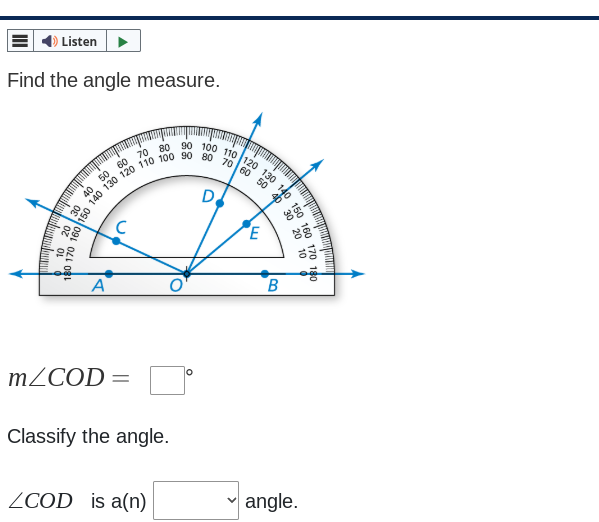 Find the angle measure. m\angle COD = \boxed{?}^{\circ} Classify the an..
