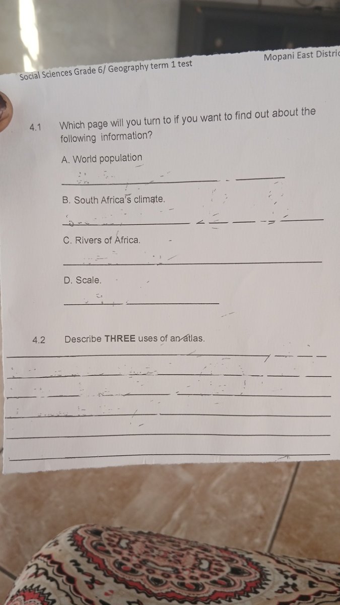Social Sciences Grade 6/ Geography term 1 test 4.1 Which page will you t..
