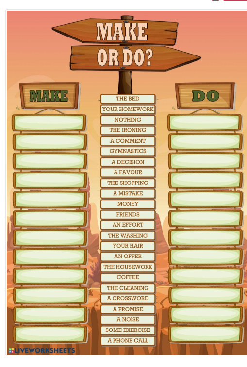 The image shows a worksheet titled "MAKE OR DO?". There are two columns,