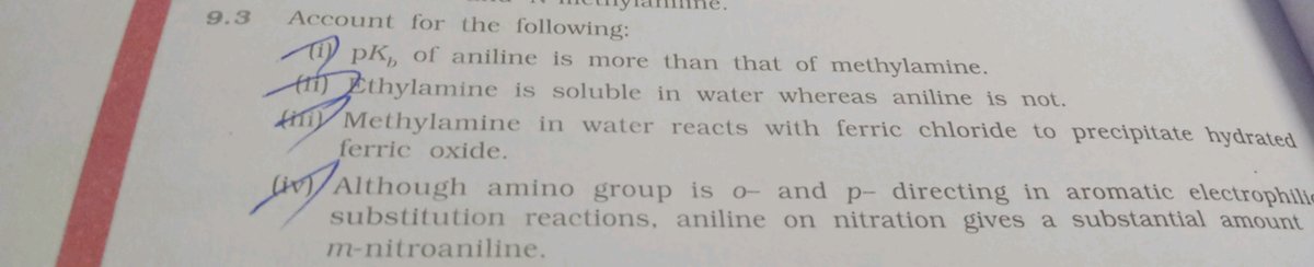 Account for the following: i. pK_b of aniline is more than that of methy..
