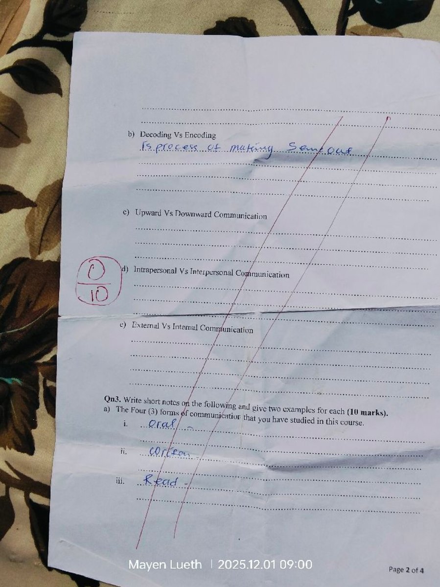 b) Decoding Vs Encoding c) Upward Vs Downward Communication d) Intraperso..