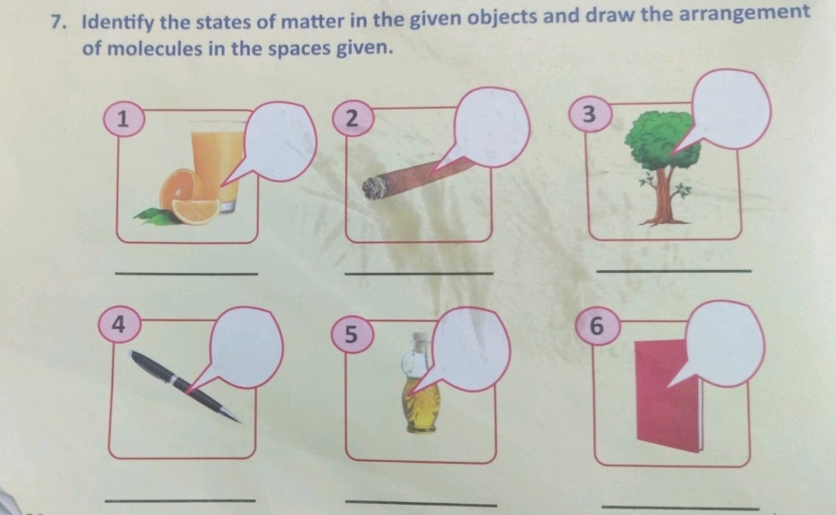 Identify the states of matter in the given objects and draw the arrangeme..