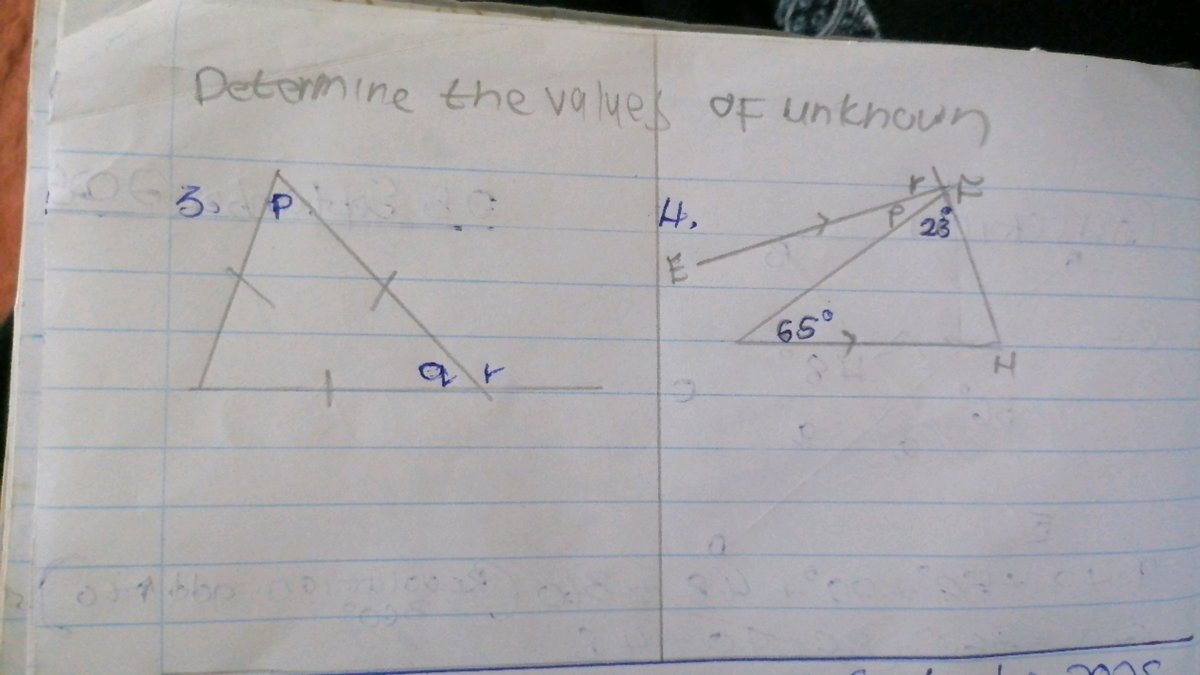Determine the values of unknown angles in the given diagrams. | Filo