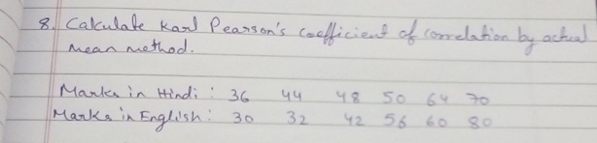 Calculate Karl Pearson's coefficient of correlation by actual mean method..