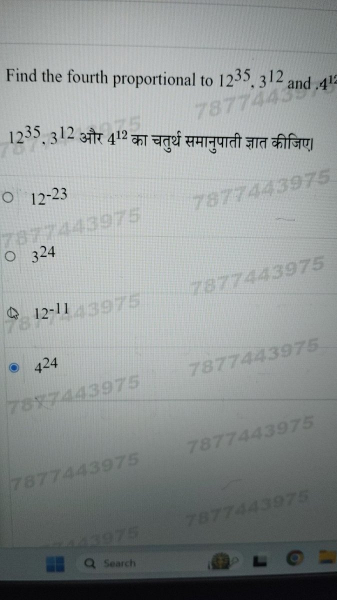 Find the fourth proportional to 12^{35}, 3^{12} and 4^{12}. Options: (A)..