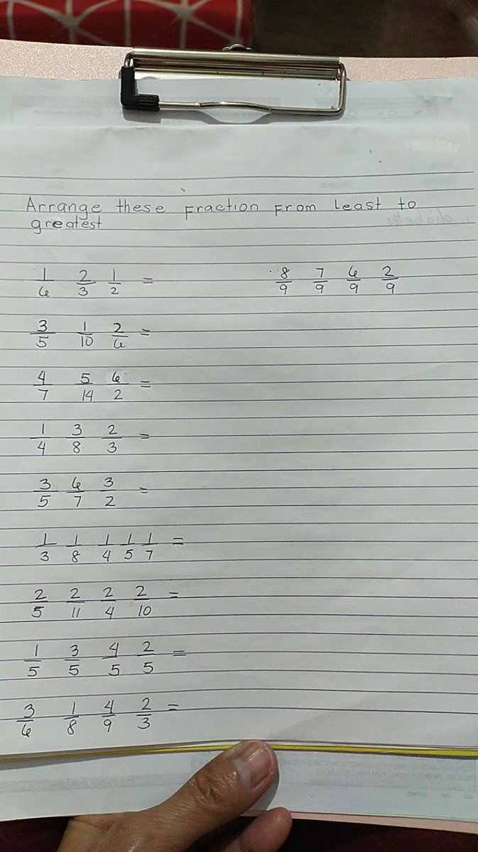 Arrange these fractions from least to greatest: \frac{1}{6}, \frac{2}{3}..