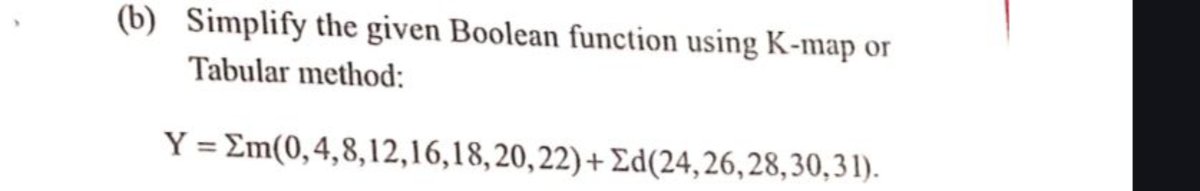(b) Simplify the given Boolean function using K-map or Tabular method: Y..
