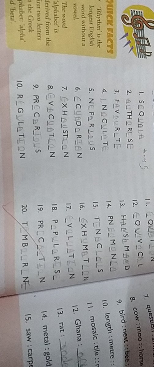 The image contains a list of words with missing letters, which appear to