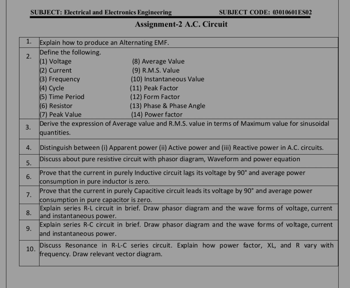 Assignment-2 A.C. Circuit Explain how to produce an Alternating EMF. De..