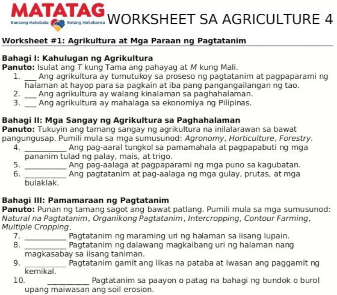 MATATAG Bansang Makabata Batang Makabansa WORKSHEET SA AGRICULTURE 4 Wor..