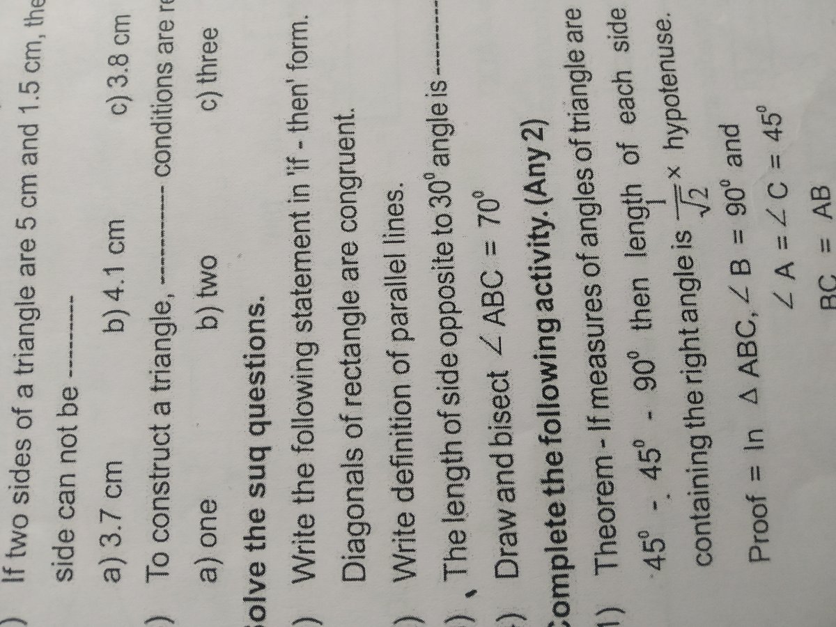 Solve the following questions: If two sides of a triangle are 5 cm and 1..