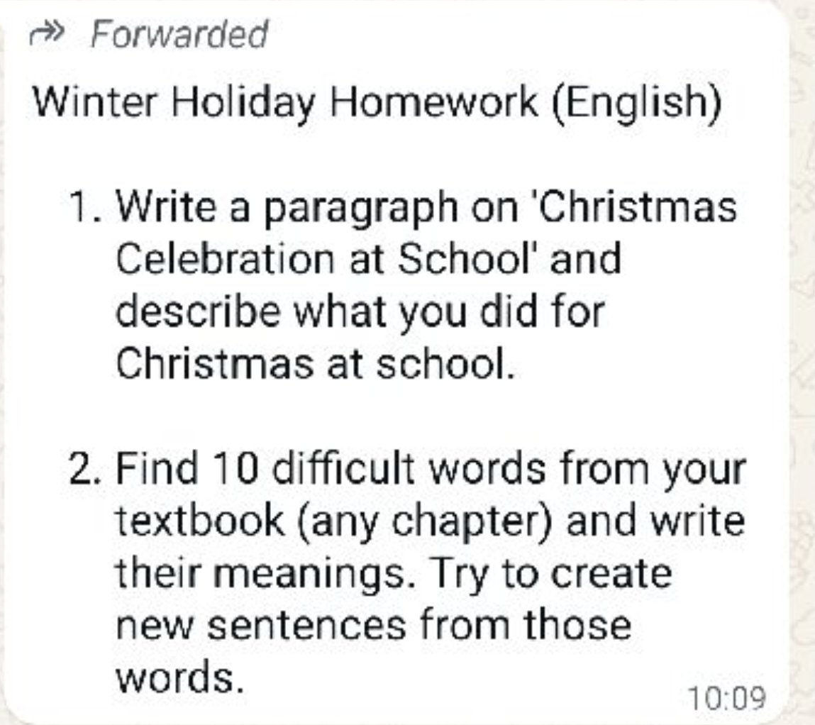 Winter Holiday Homework (English) Write a paragraph on 'Christmas Celebr..