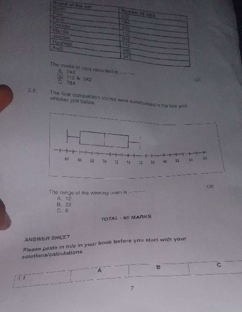 The mode of cars recorded is __. A. 342 B. 112 & 342 C. 784 The final co..